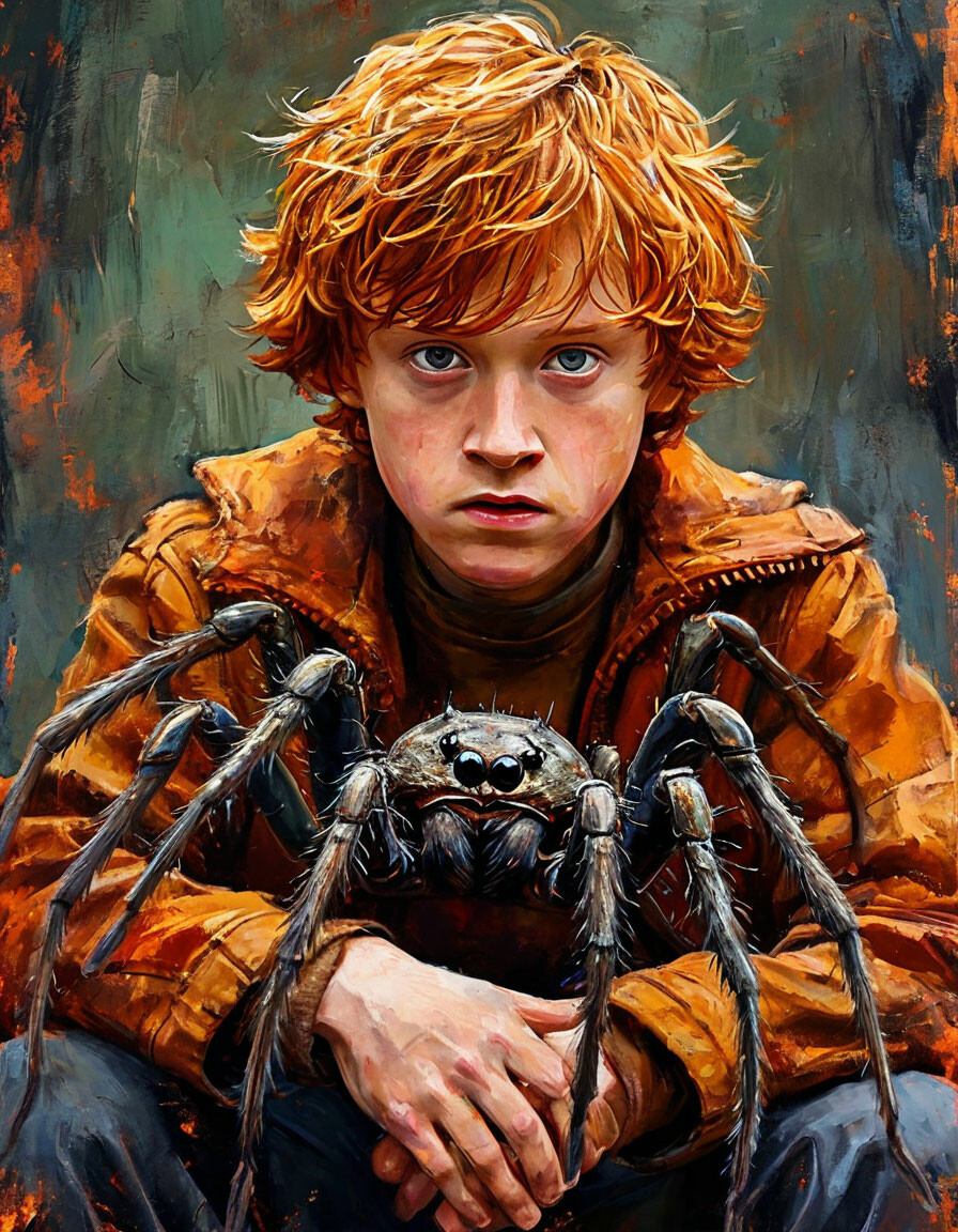 "Ron Weasley next to a very large spider, in the style of painting ...