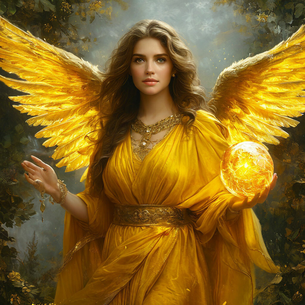 "Archangel Gabriel is a beautiful woman in yellow robes with wings on ...