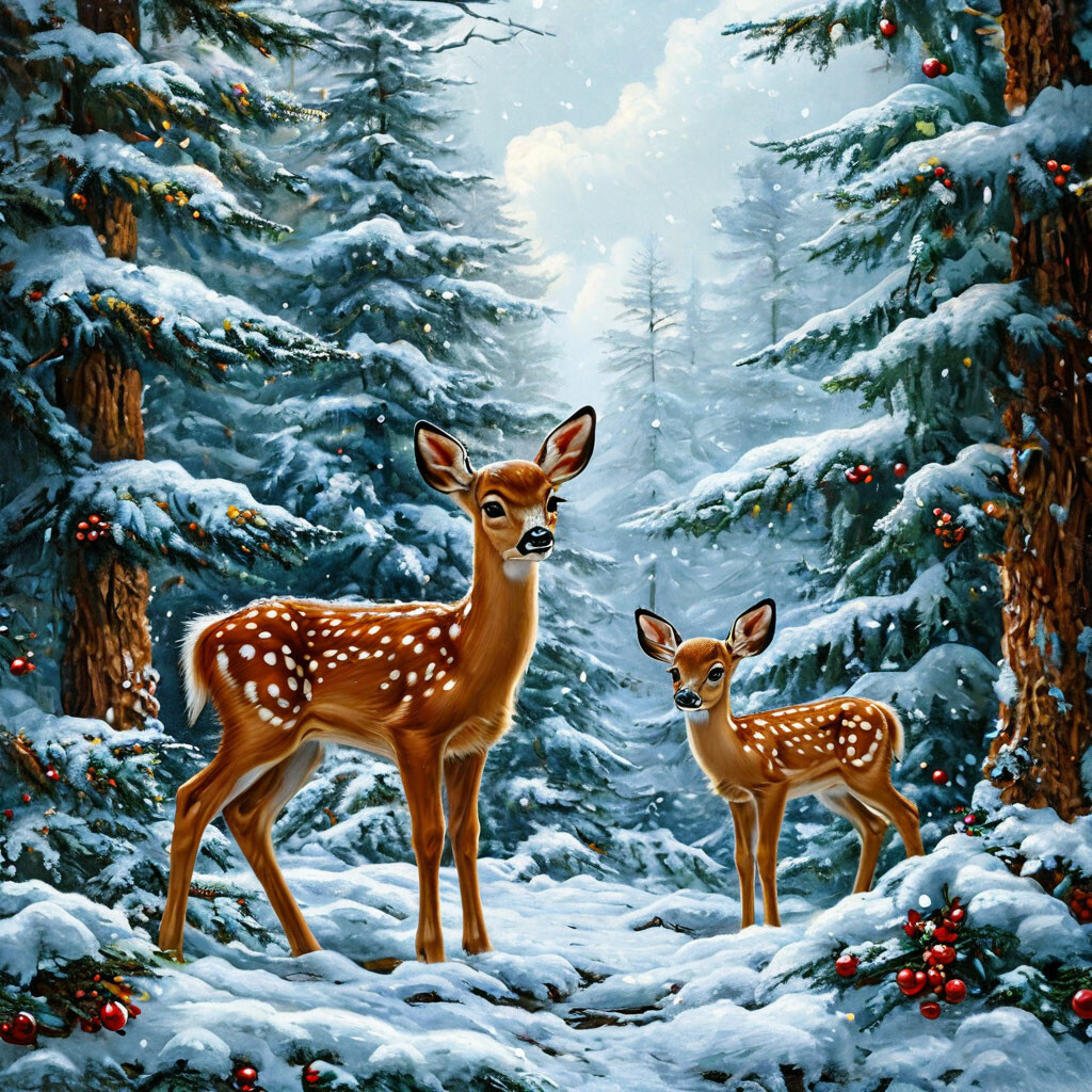 "Snow-covered Christmas trees snowdrifts snow baby deer Bambi in the ...