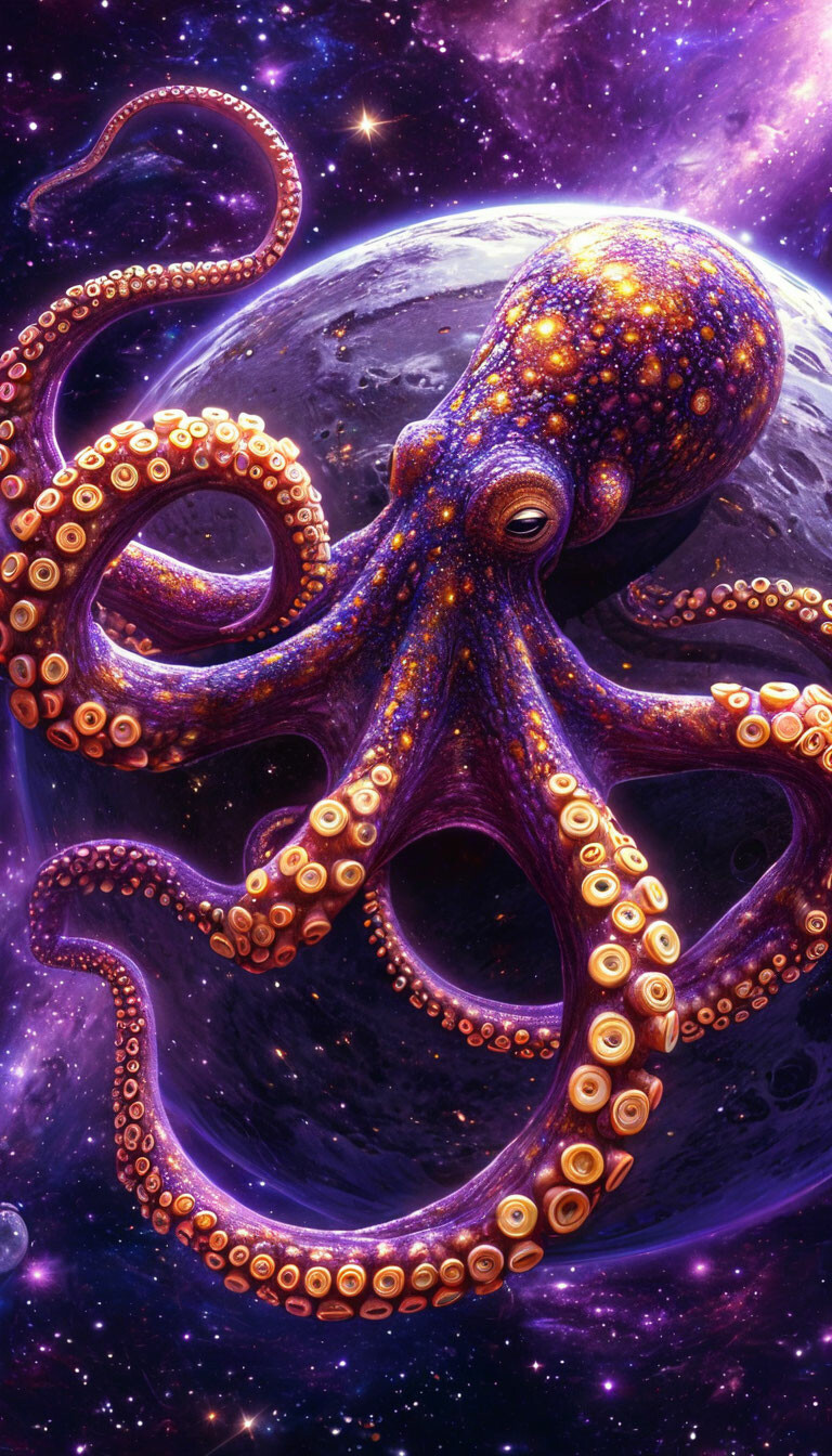 fluorescent octopus in space wraps its tentacles around the planet ...