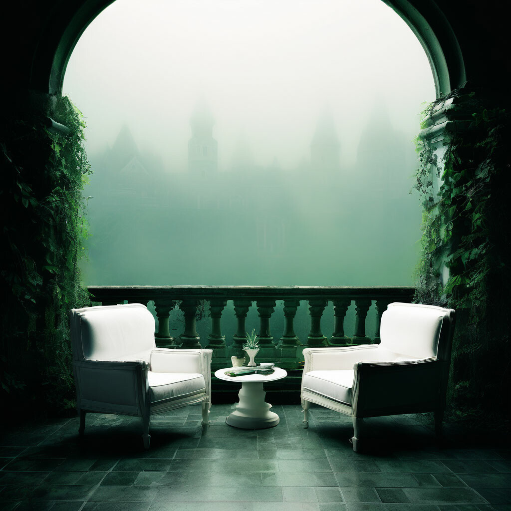 "A mystical greenish dense fog, through which you can barely see the castle with columns and a ...