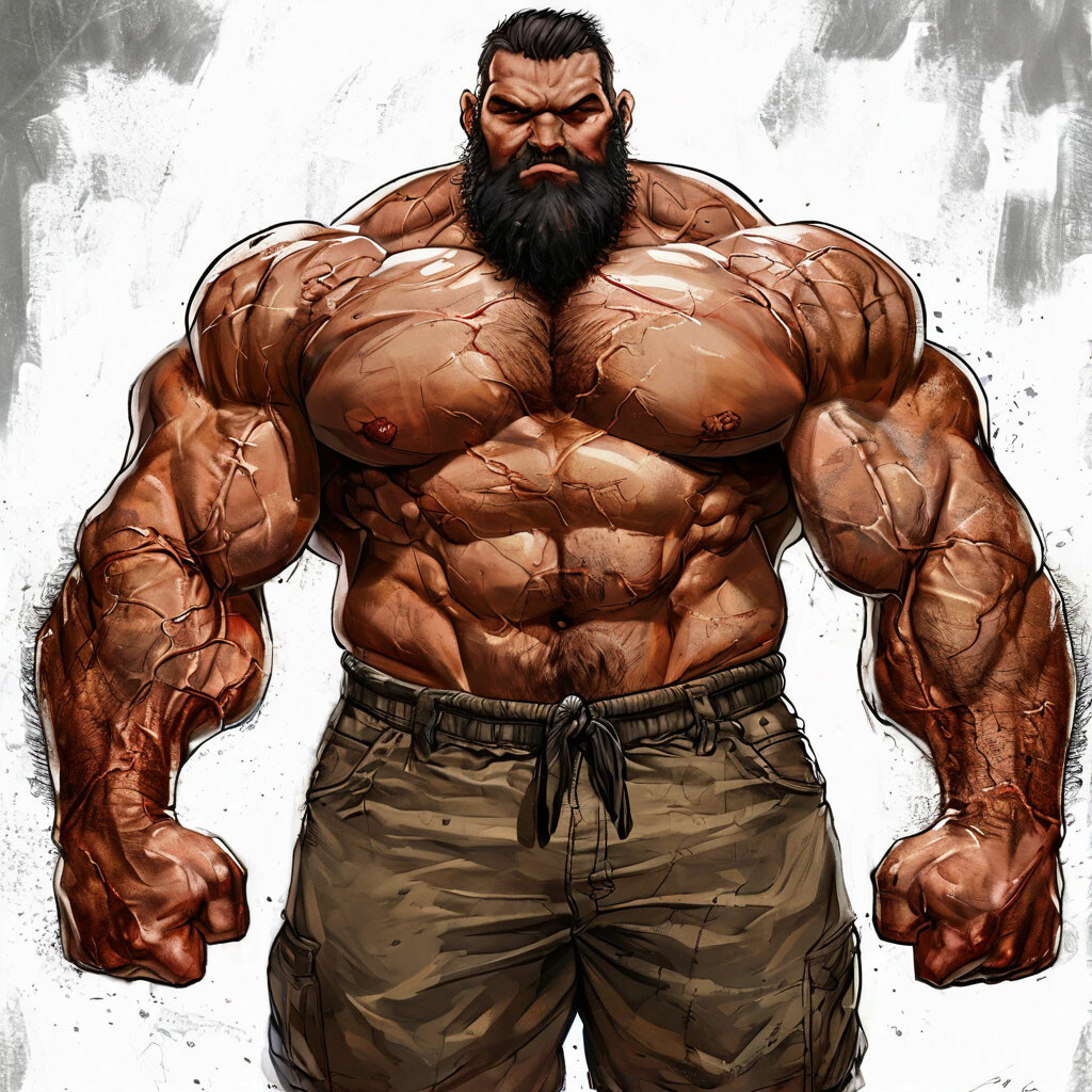 "A beefy man of incredible size, huge muscles 5 meters, 3 meters wide ...