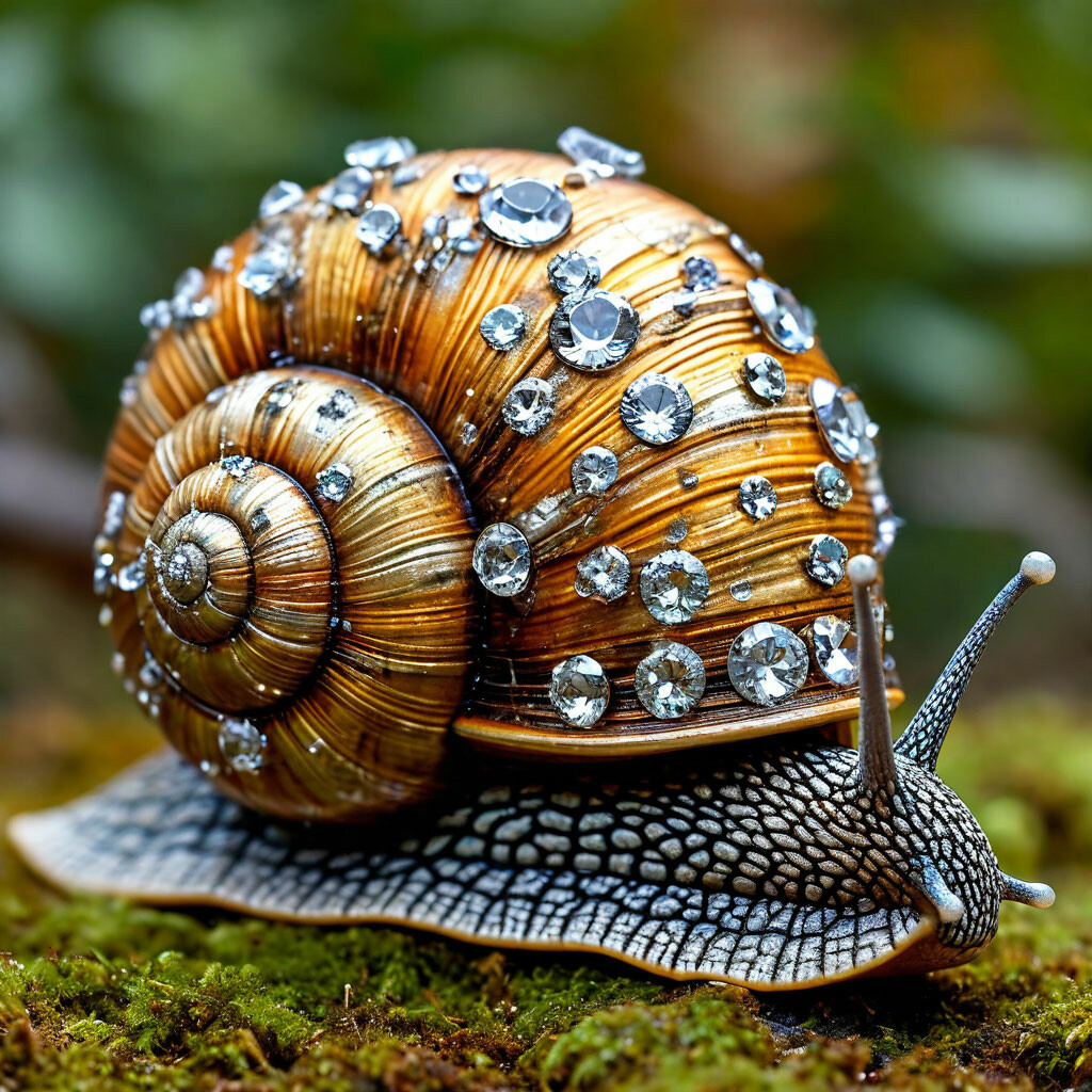 "A snail with a scattering of diamonds on its body and shell" — image ...