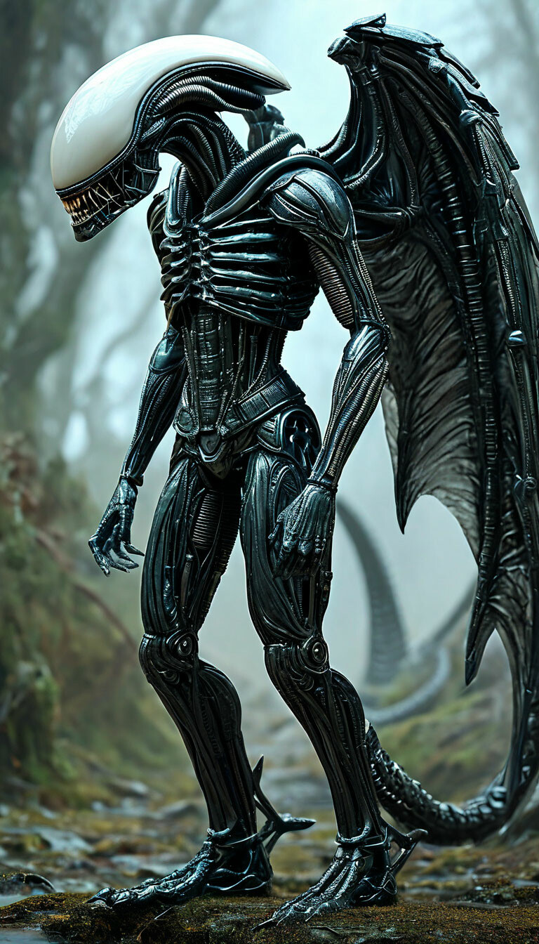 "Xenomorph with angel wings, full-length body" — image created in Shedevrum