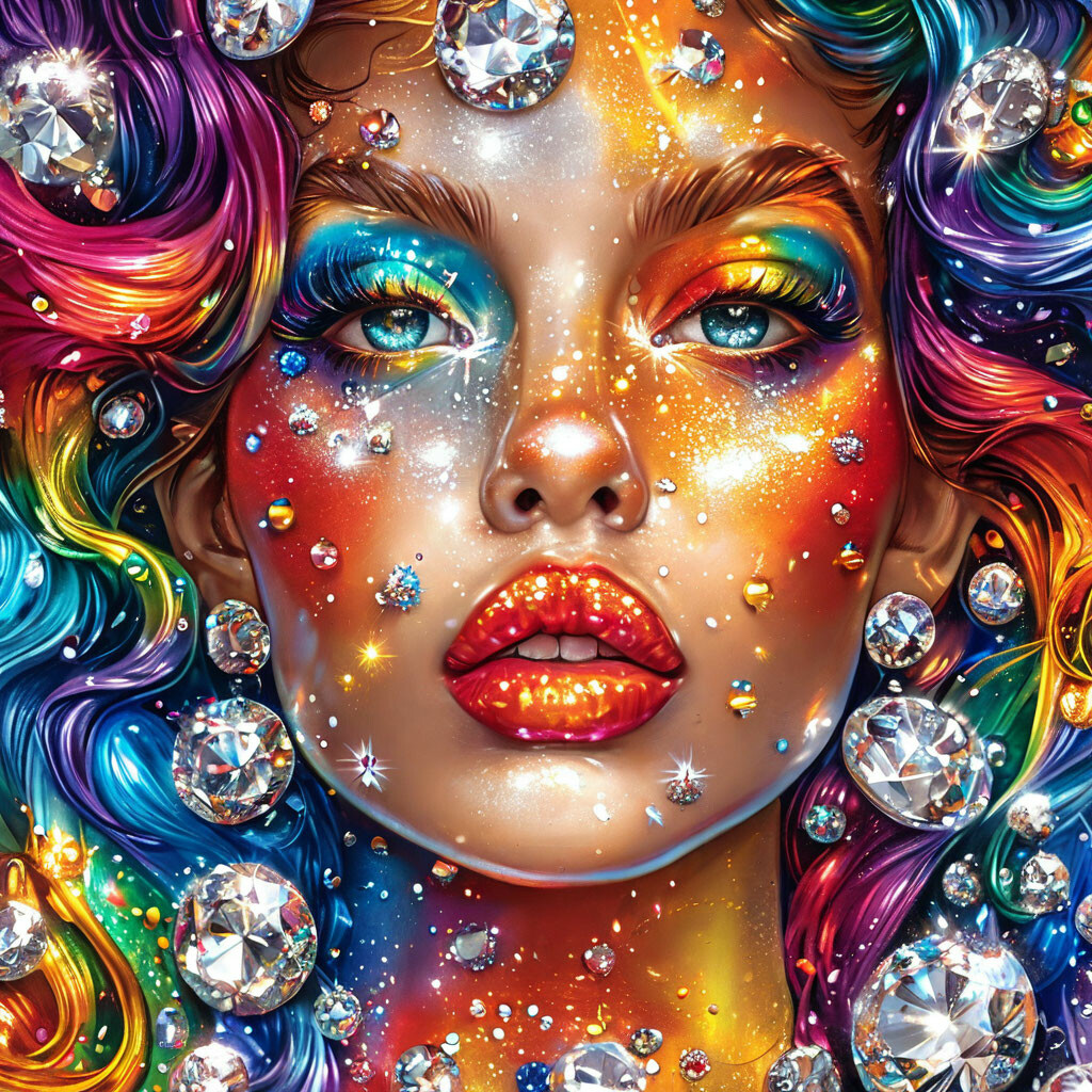"Bright rainbow girl with diamonds" — image created in Shedevrum