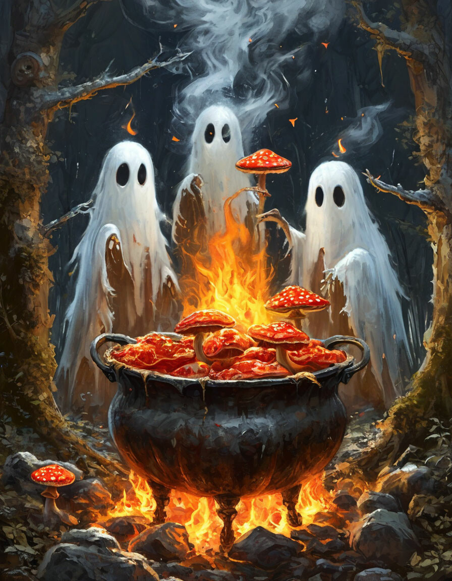 "A large cauldron on the fire. Three …" — image created in Shedevrum