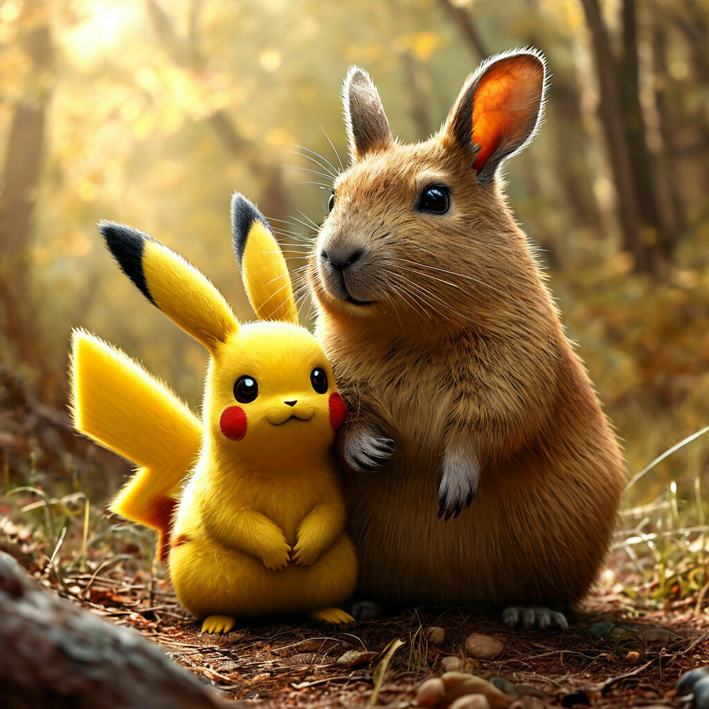 "Capybara with pikachu with a hare" — image created in Shedevrum