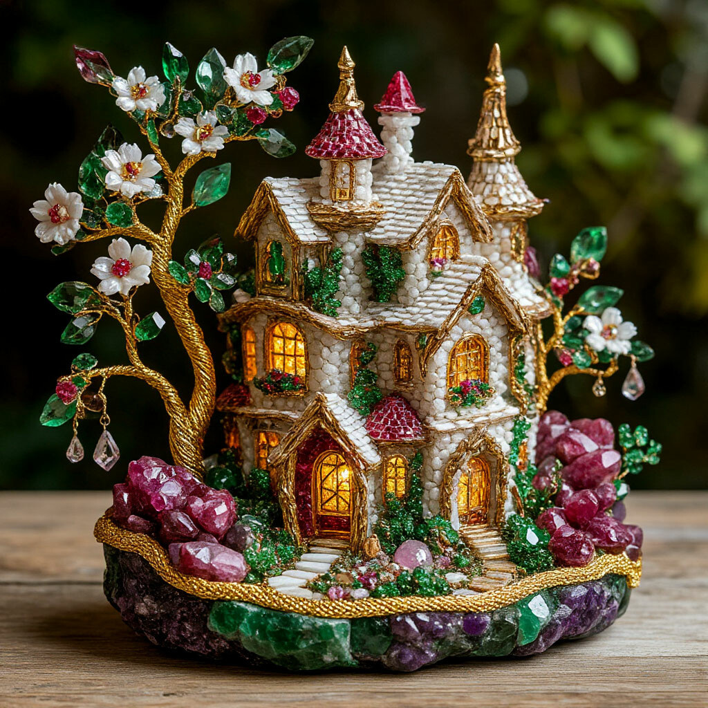 "Woven gemstone tapestry, gold thread lattice, white jade base, ruby and emerald florets, fairy ...