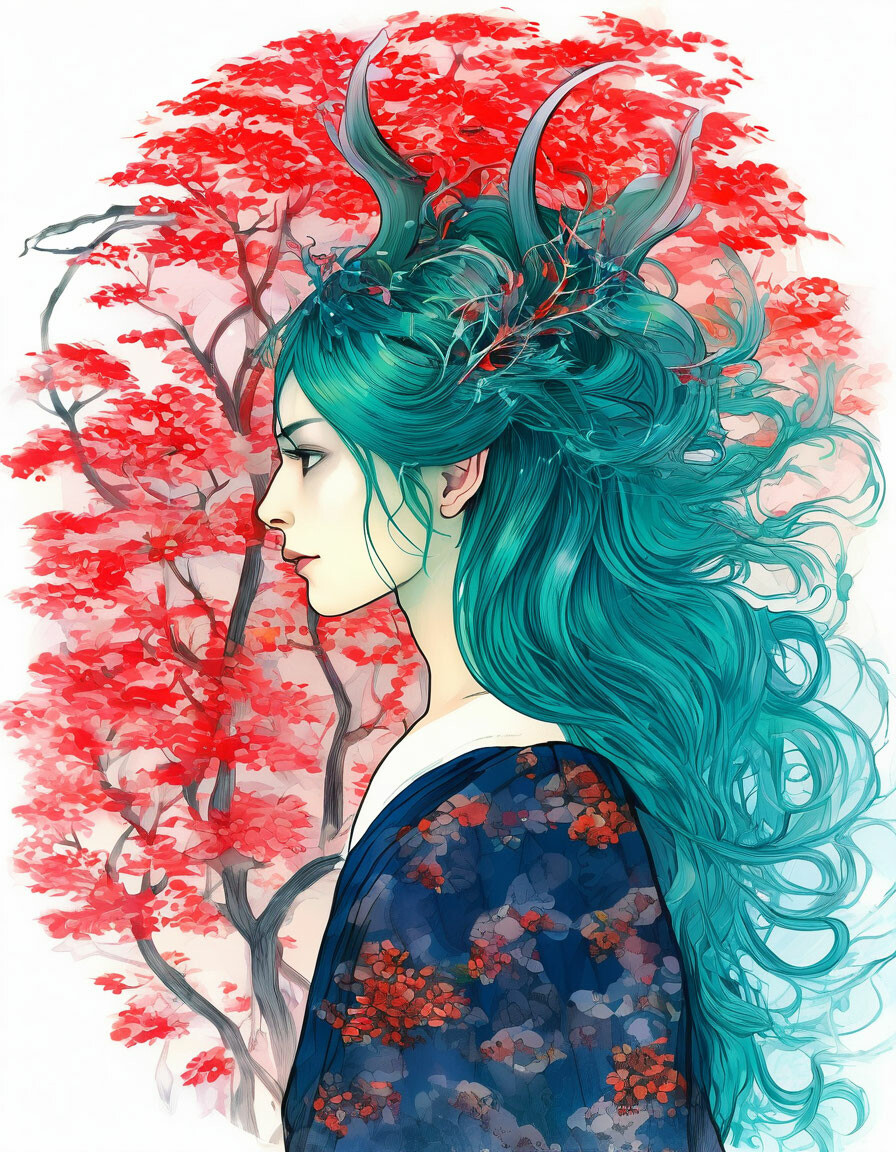 "Graphic work in the style of Nastya Kulakovskaya, Japanese painting ...