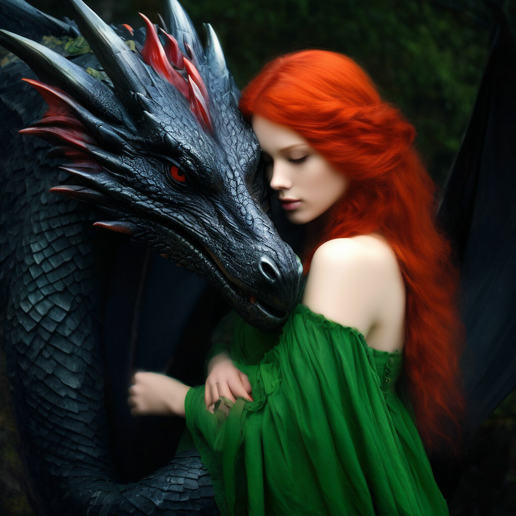 "A big black dragon hugs a beautiful girl with red hair in a long green ...