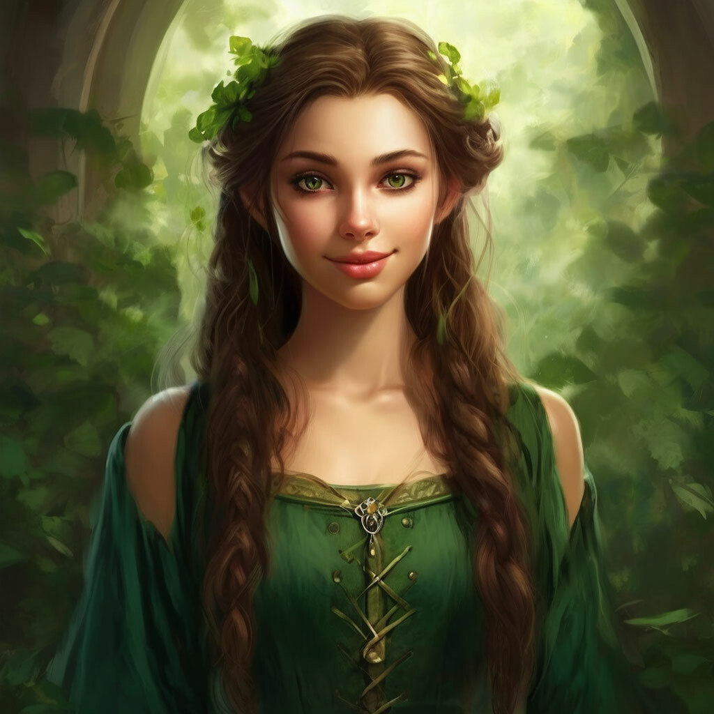 "An elf in a medieval green dress, brown hair, green eyes, greenery ...