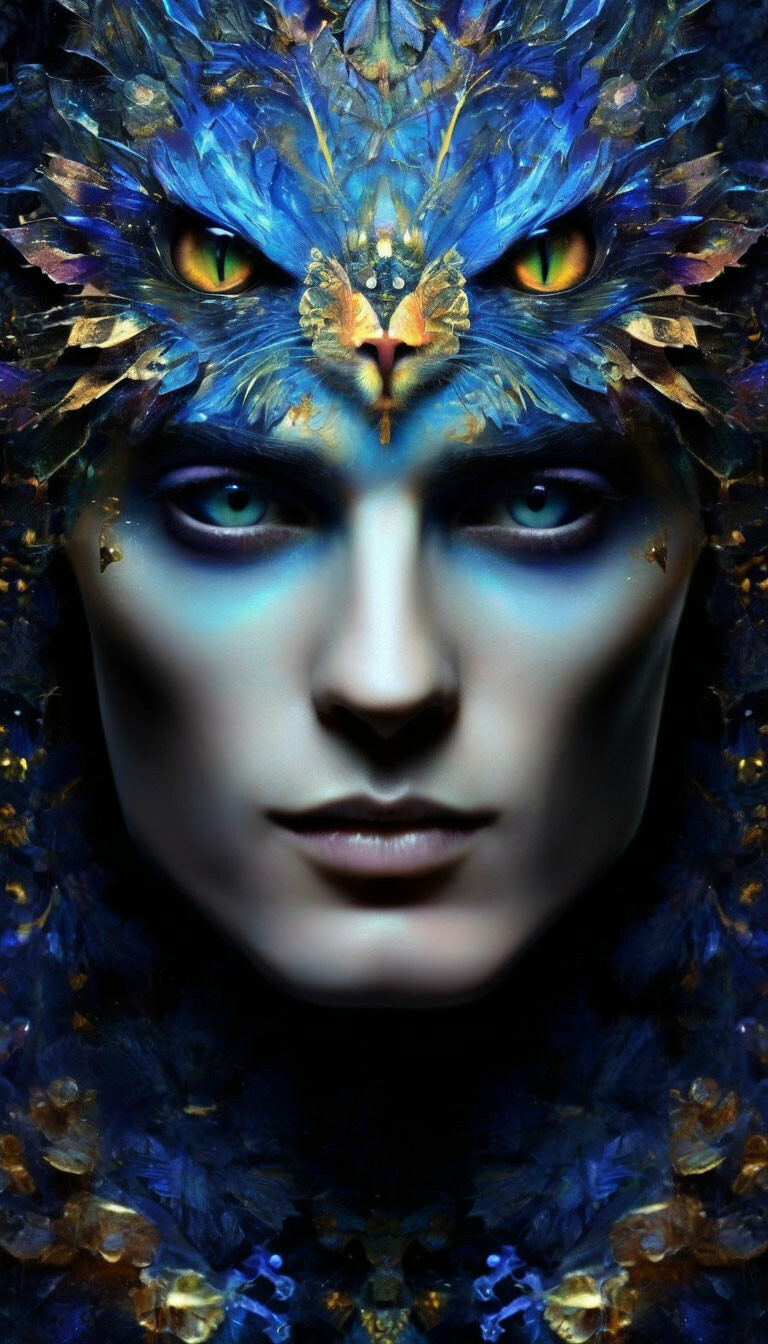 "Man Portrait of a man cat blue poppy,a beautiful detailed male face ...