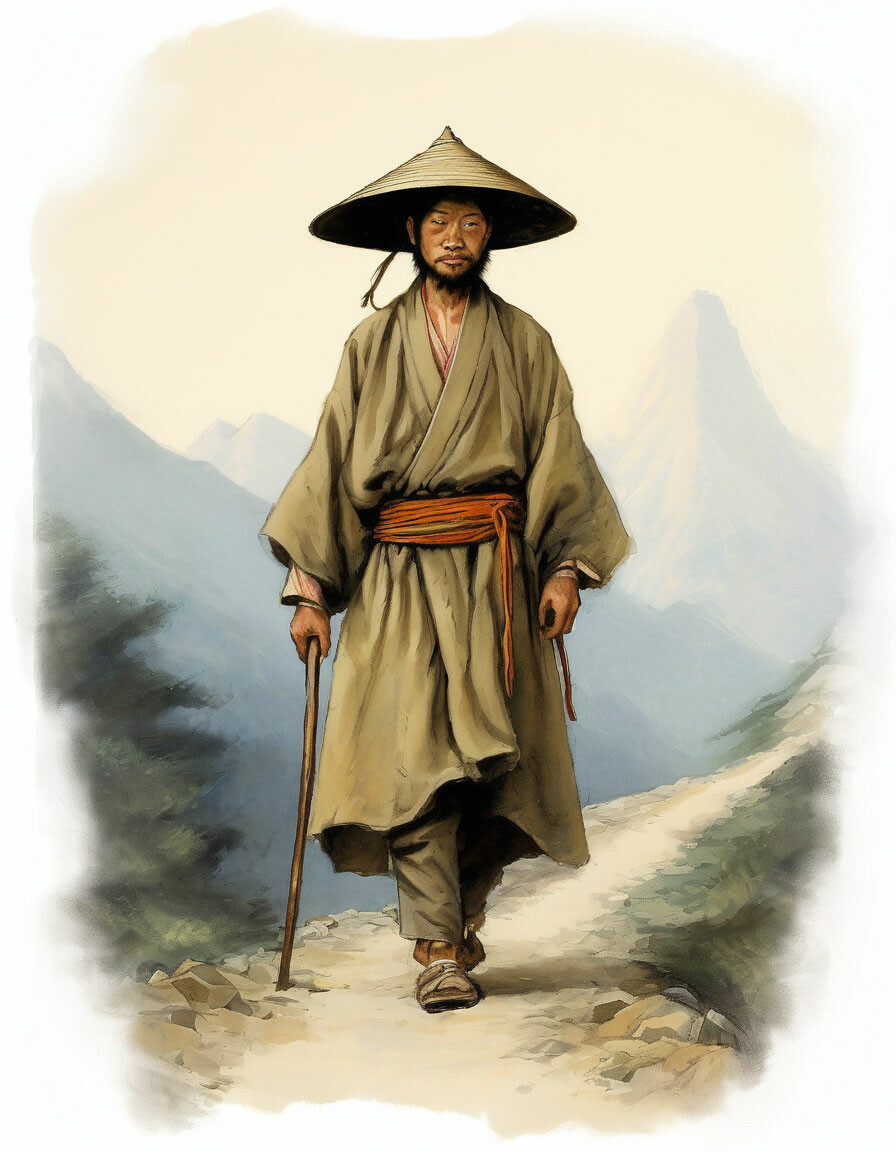 "Ancient Japanese pilgrim canvas bag behind his back conical hat staff ...