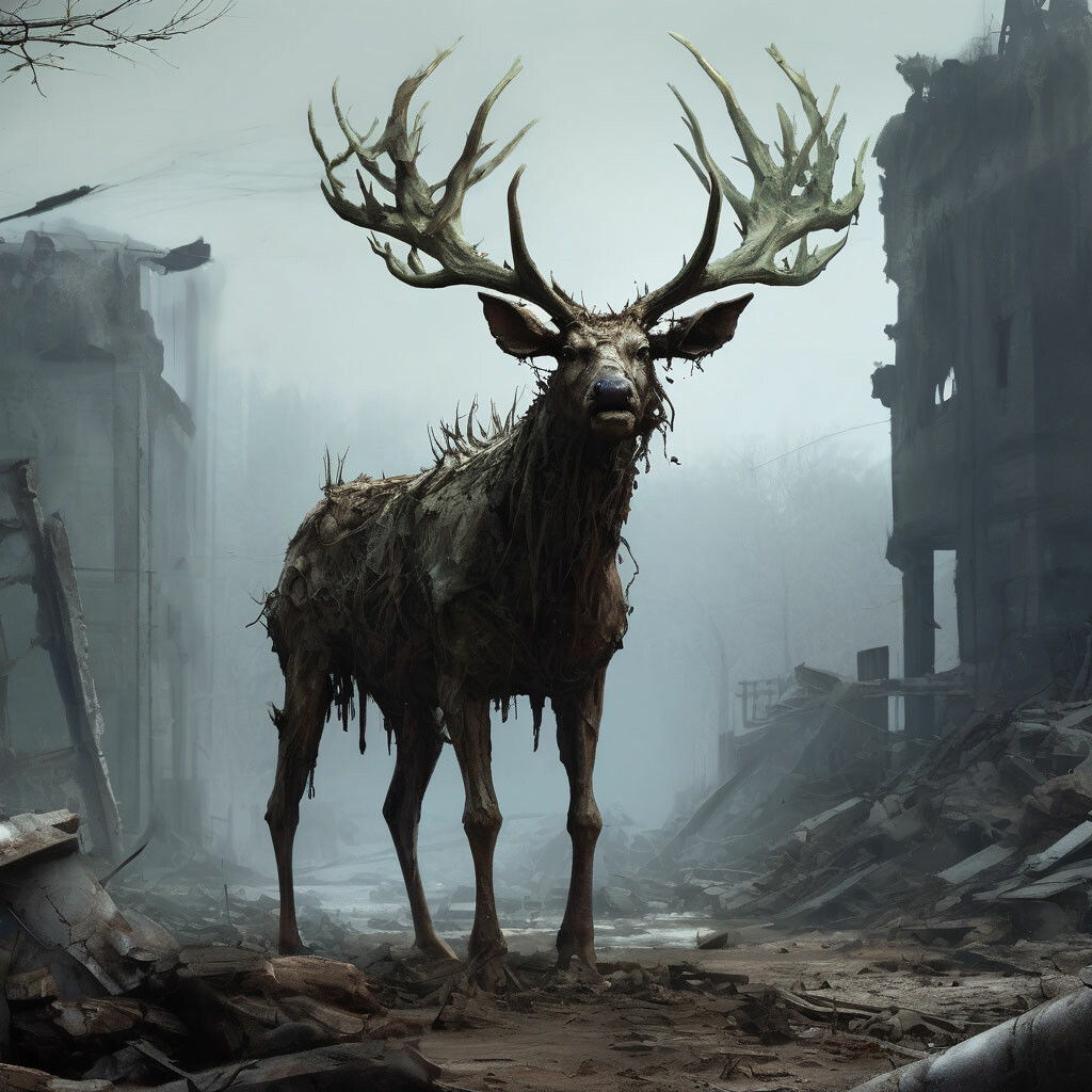 "A huge radiation deer zombie near the ruins, pieces fall off from the ...