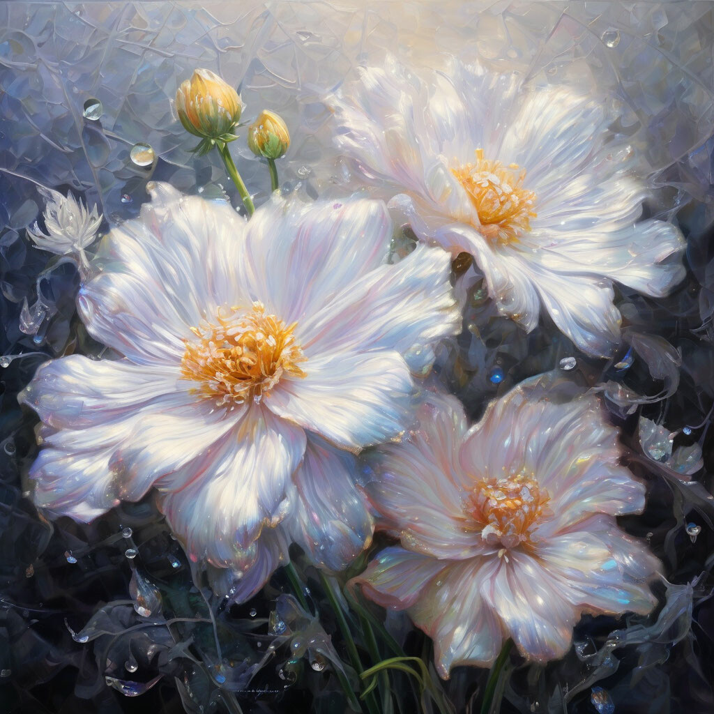 ". oil, canvas, voluminous flowers, thin leaves, silvery sparks ...