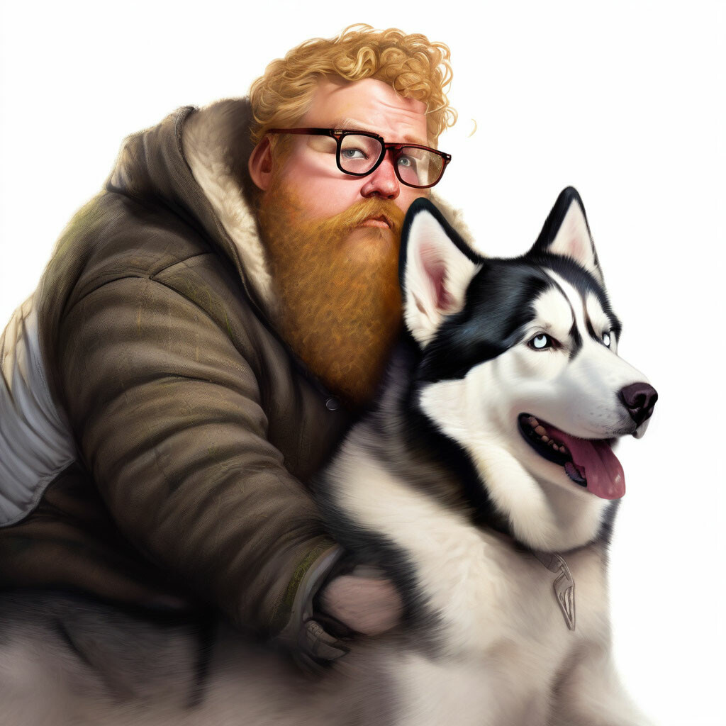 "A fat blond curly-haired man with glasses and a beard lies down on the ...