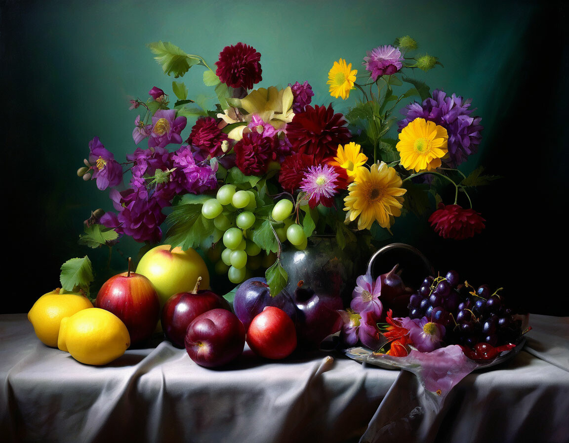 "Still life in the style of the old Dutch, flowers, fruits, burgundy ...