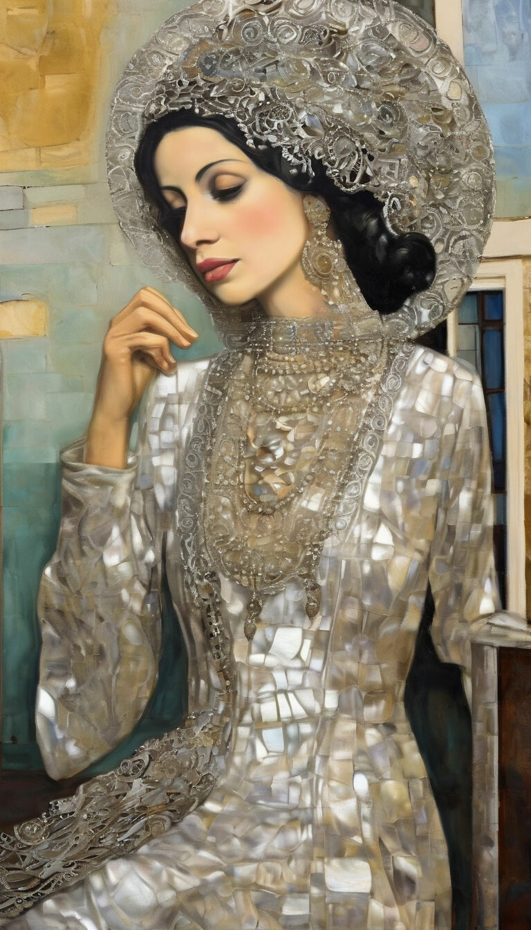 "Signora... silver on beige +mother of pearl,art line, in the style of ...