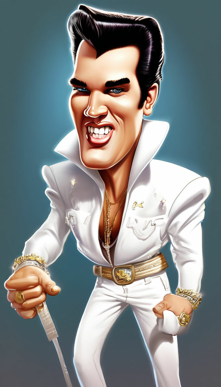 ". Elvis Presley, in white, cartoon, caricature" — image created in ...