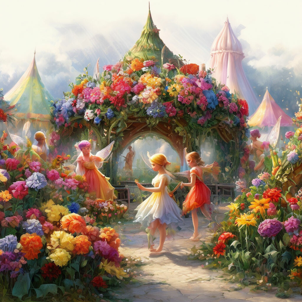 "Flower fair tents with needlewomen …" — image created in Shedevrum