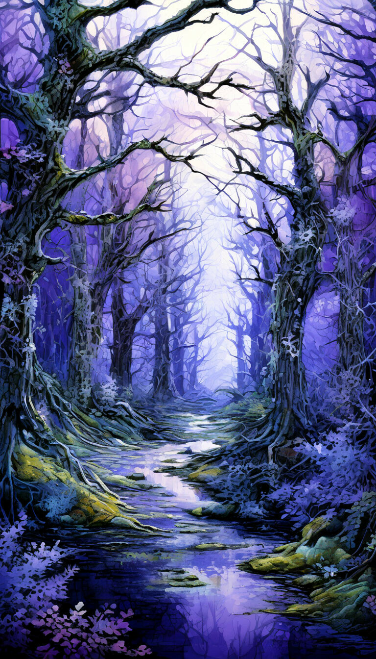 "Frosty landscape, forest, purple …" — image created in Shedevrum