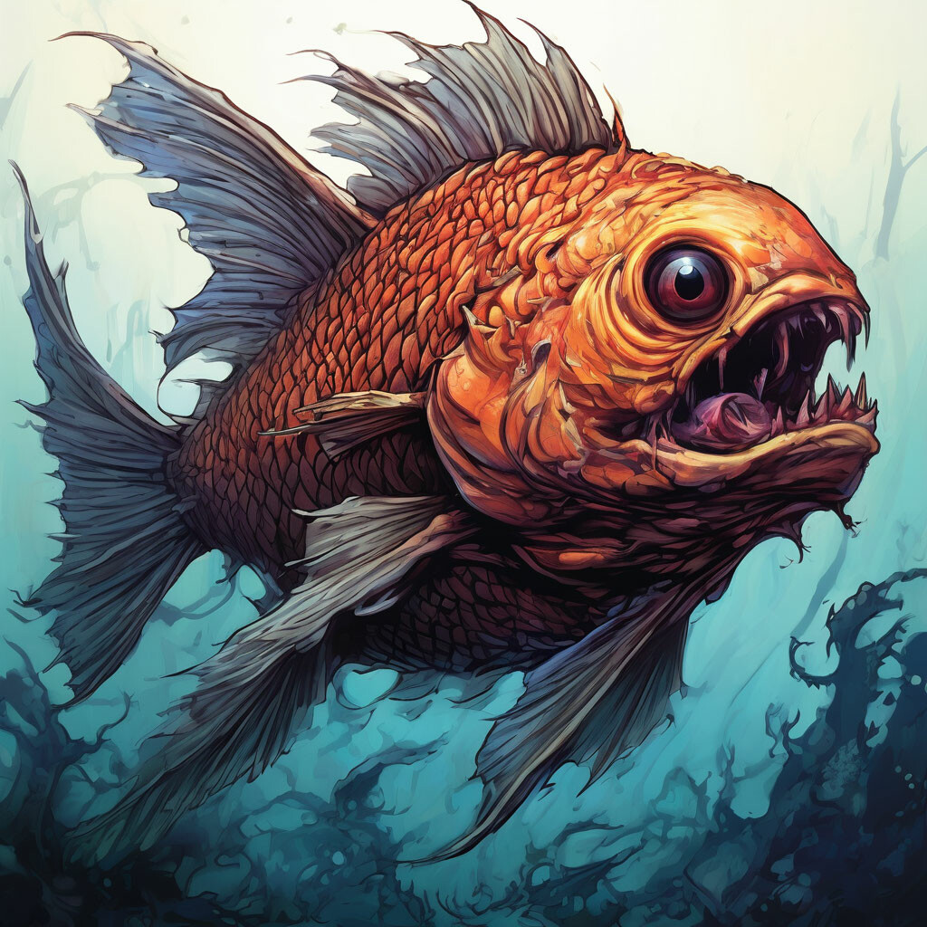 "Zombie fish , cloudy eyes , torn fins…" — image created in Shedevrum
