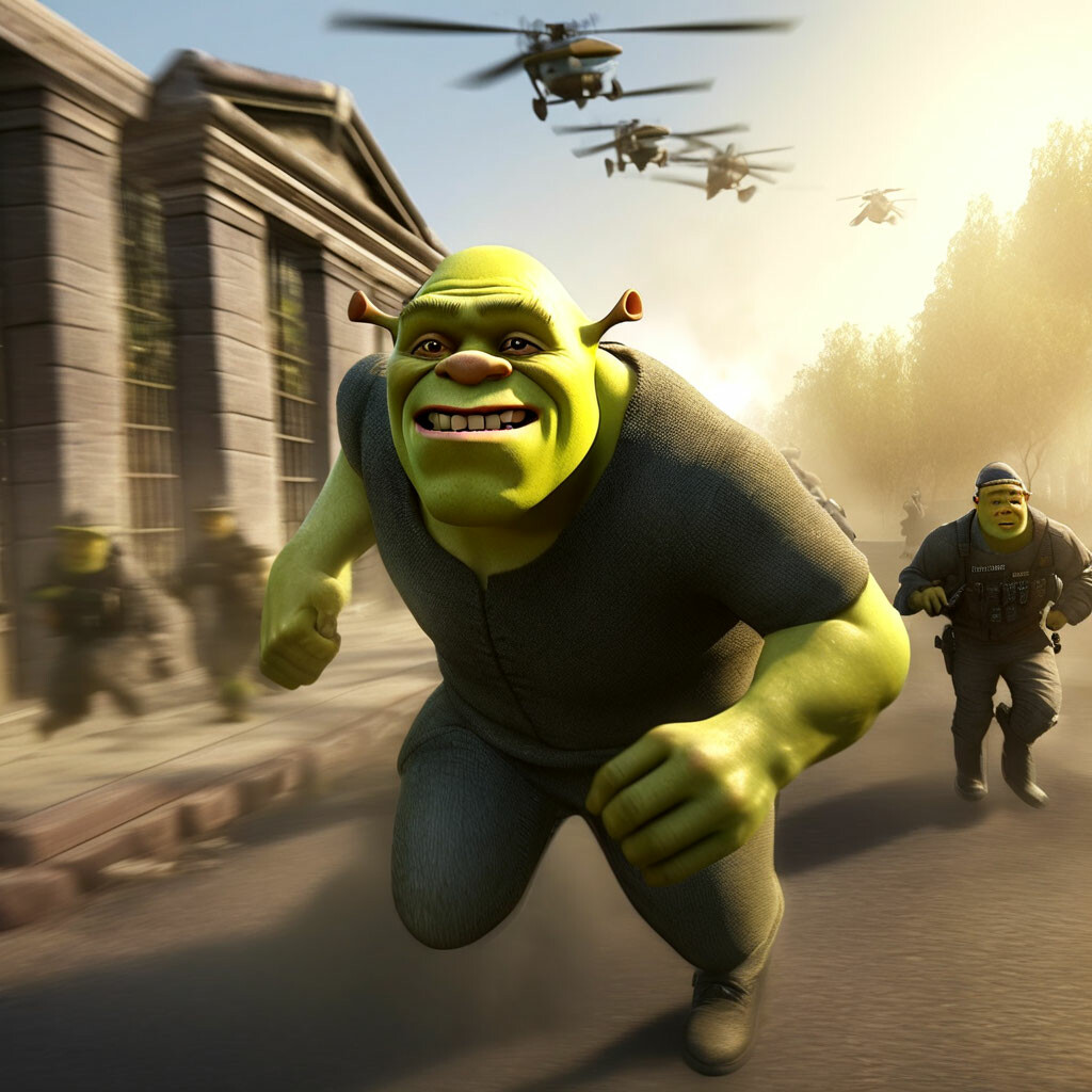 «Шрек в тюремной робе сбегает от …» — картинка создана в Шедевруме