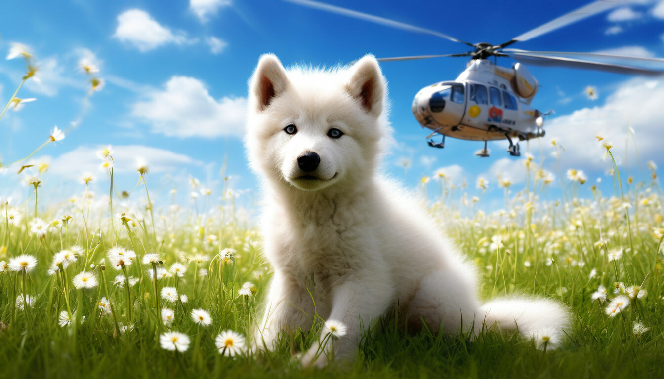 "A full-length white fluffy wolf cub …" — image created in Shedevrum