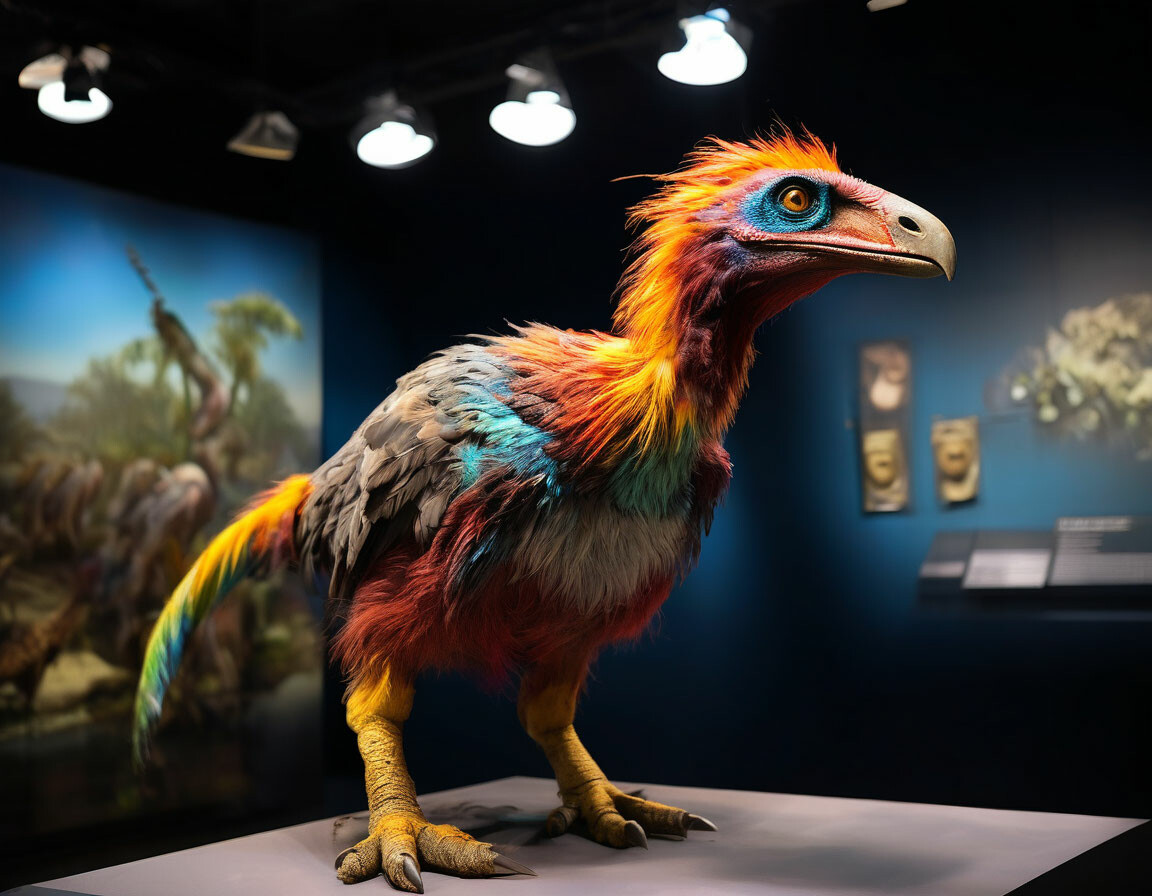 "Reconstruction of Deinonychus raptor in feathers, bright coloring ...