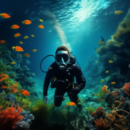«Scuba diver swims, illuminates the bottom of the sea with a flashlight ...