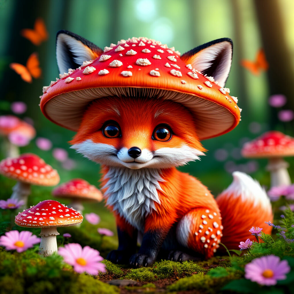 "Hyperrealism, cute mushroom fox. lush flowers all around. tilt-shift ...