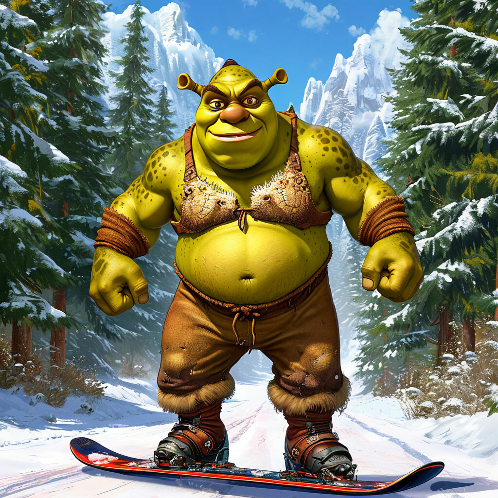 "Shrek rides a snowboard without a T-shirt between the fir trees on a ...