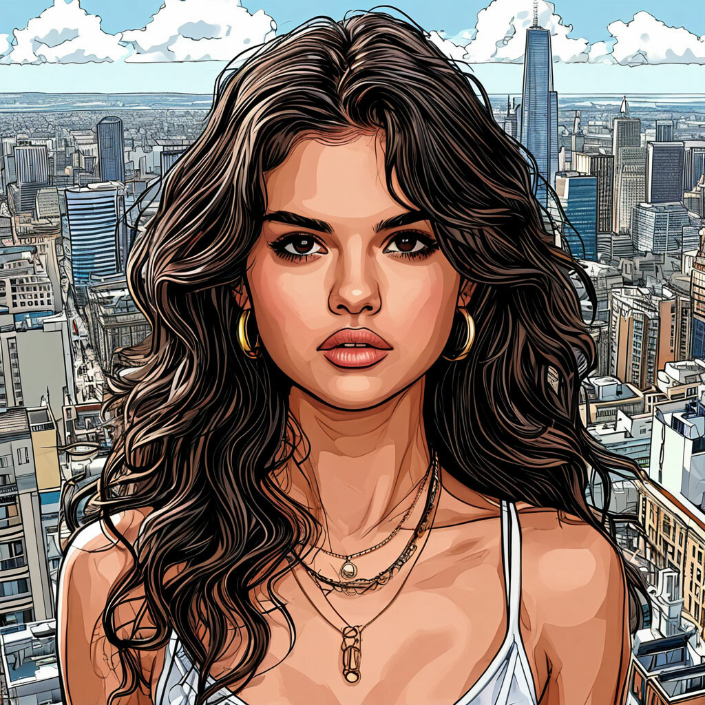 "🤍 Selena Gomez Manga style of drawing comics. against the backdrop of ...