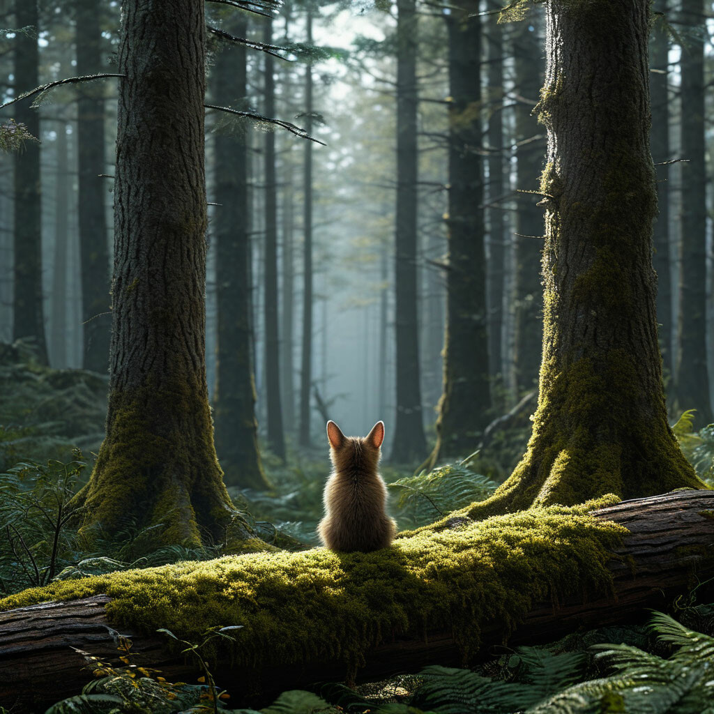 "A forest thicket, a twilight forest, tall fir trees, the light barely ...