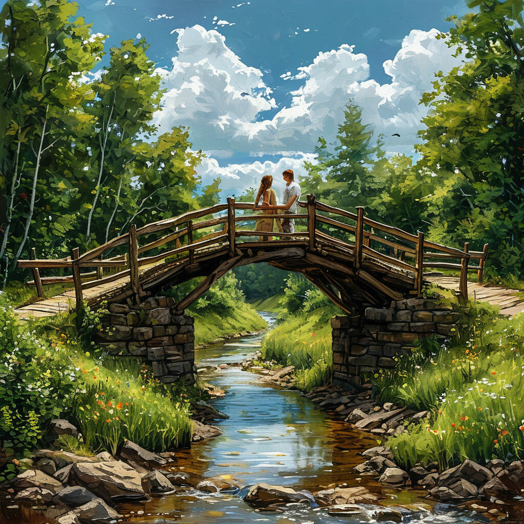 "Summer, a sky with clouds, a forest, a very deep ravine, a small river ...