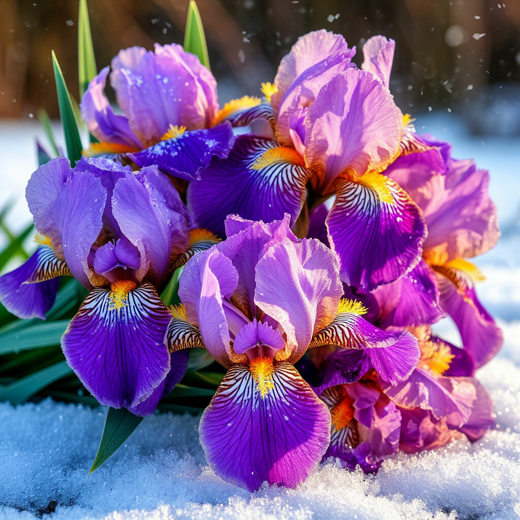 "A beautiful bouquet of bright colored irises lies on the snow high ...