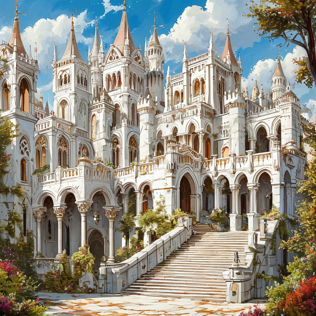 "Endless white castle, lots of interlacing, endless towers, columns ...