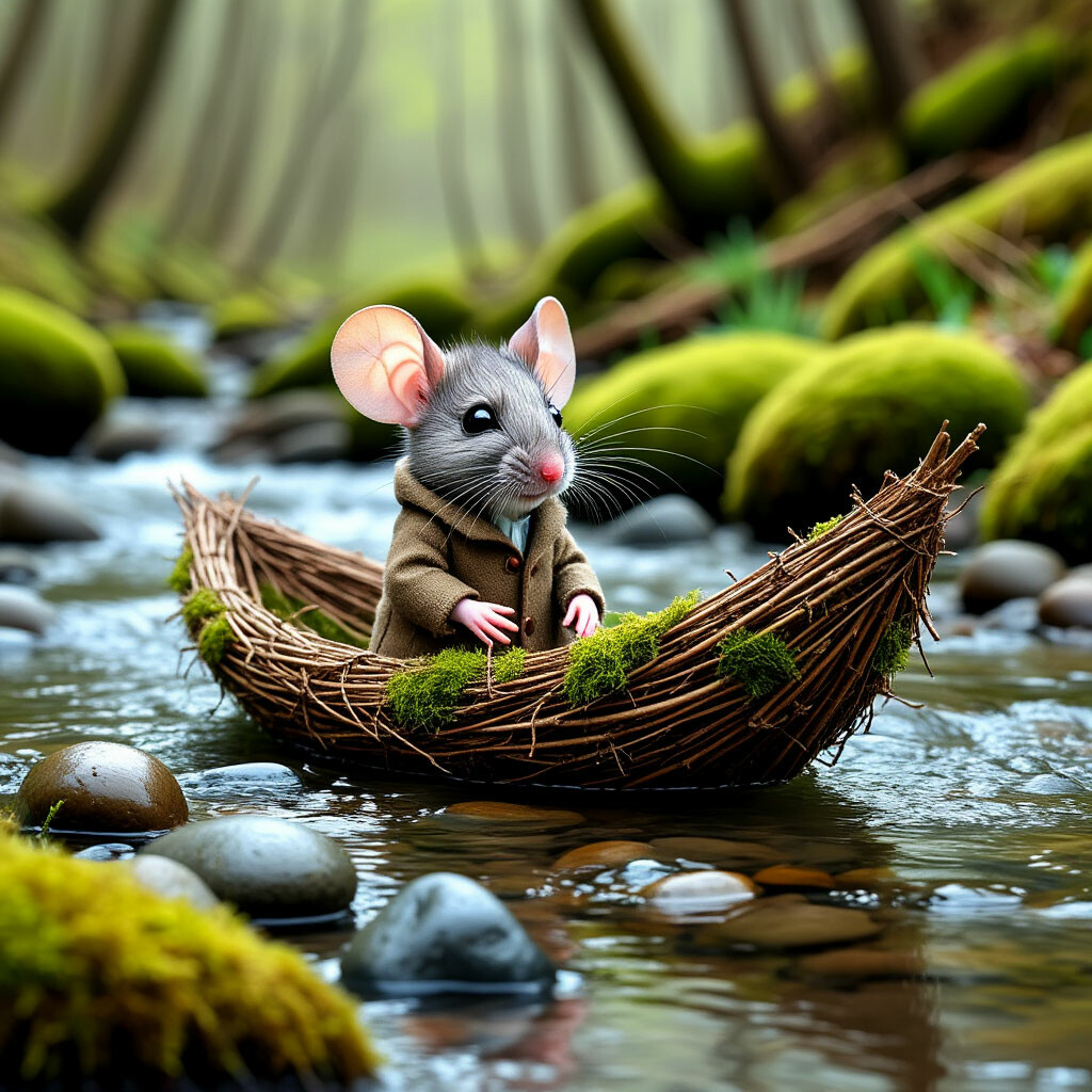 "The pebbles. creek. a mouse in a suit on a boat made of twigs floats ...