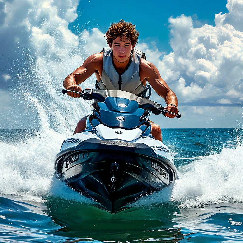 "A young man races through the waves on a jet ski in realistic detail ...