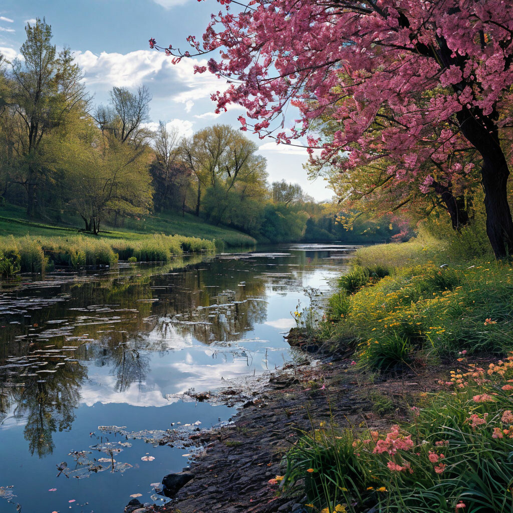 "Spring riverbank , aesthetically pleasing, beautiful, close-up, dim ...