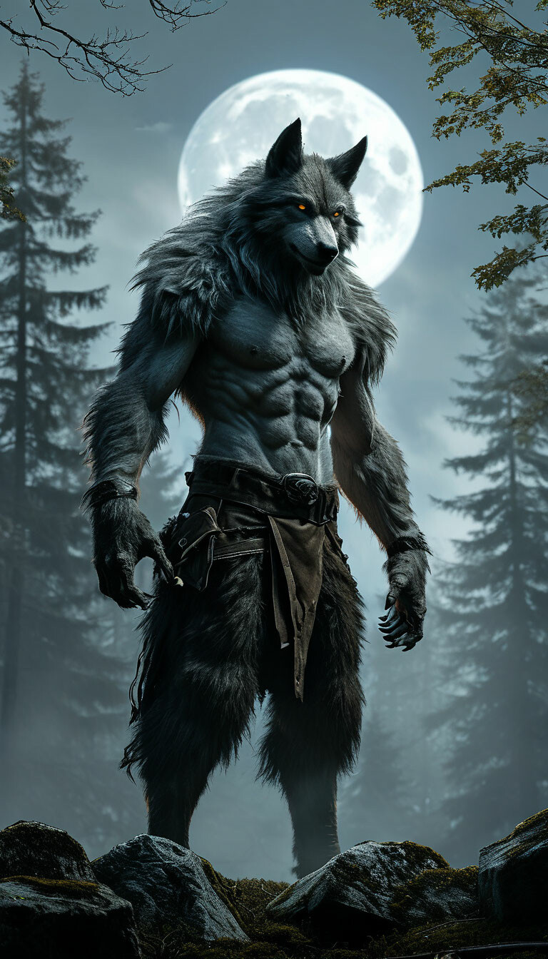 "In the style of a cinematic shot: a werewolf stands under the cold ...