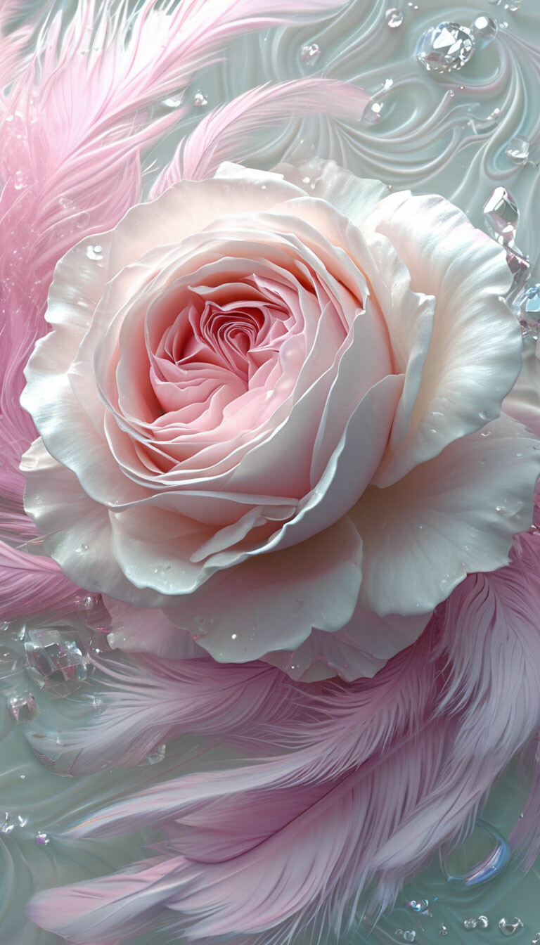 "Rose, delicate mint-colored feathers, down, 5D, 128k, surrealism ...