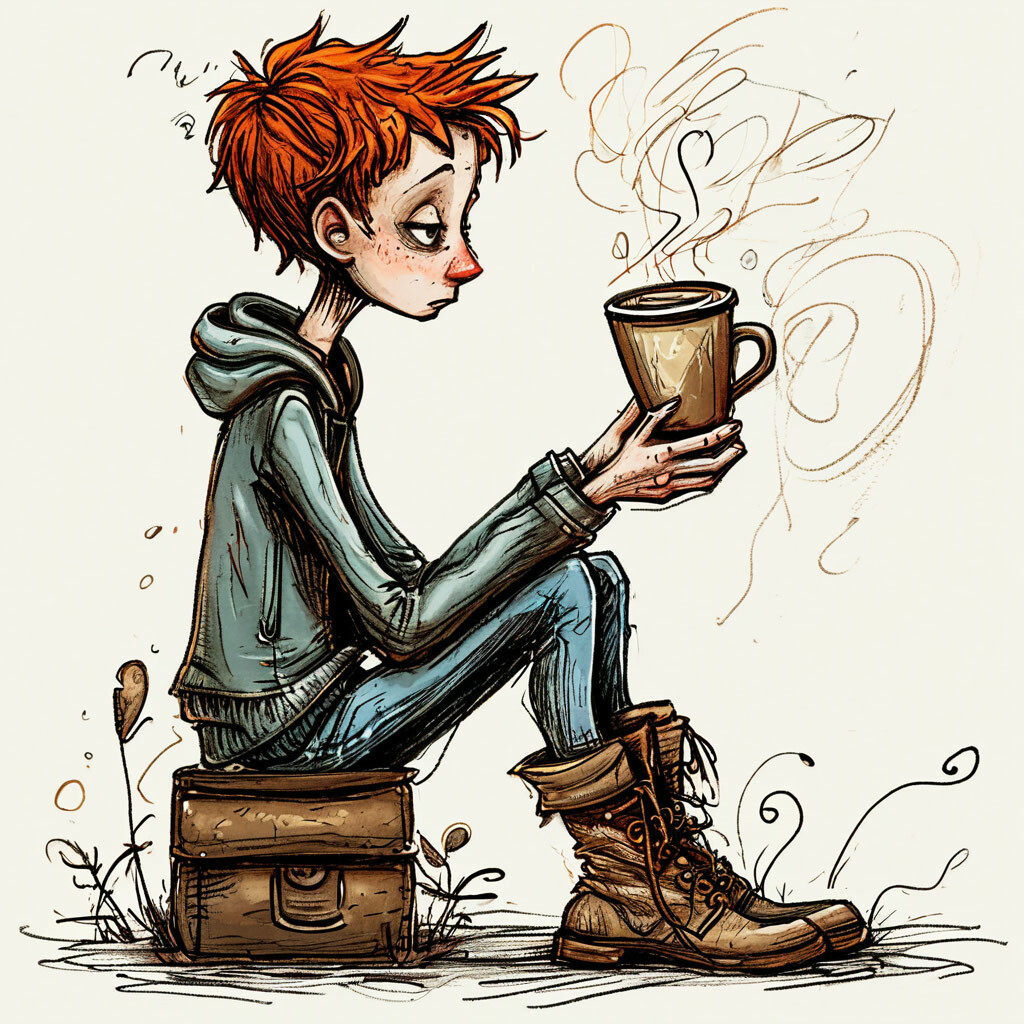 "A dreamy entity with short red hair, skinny legs in boots, a cartoon ...