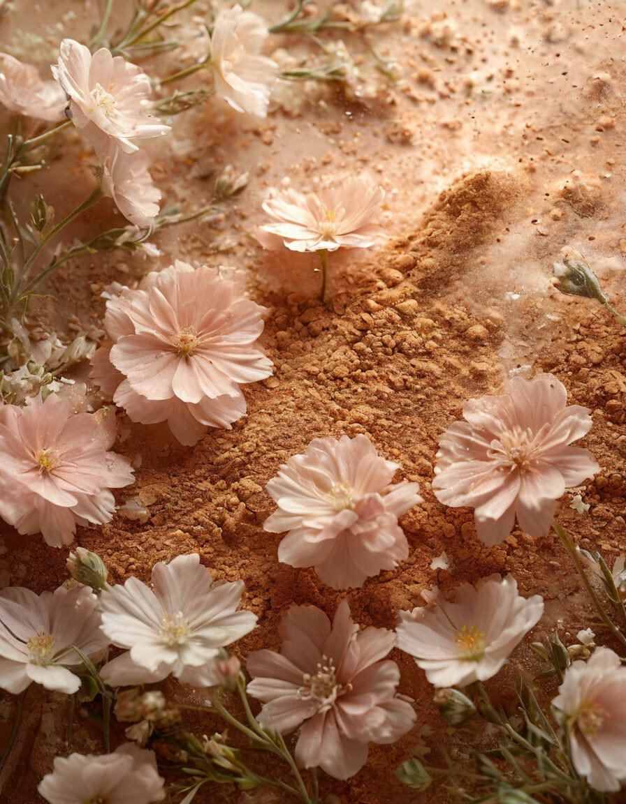 "Flowers and powder scattered around, flying powder, powder in the air ...