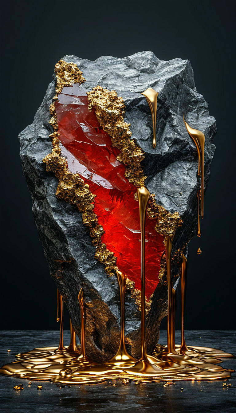 «A vermilion stone, half gold and silver, dripping, 4k, dark background ...