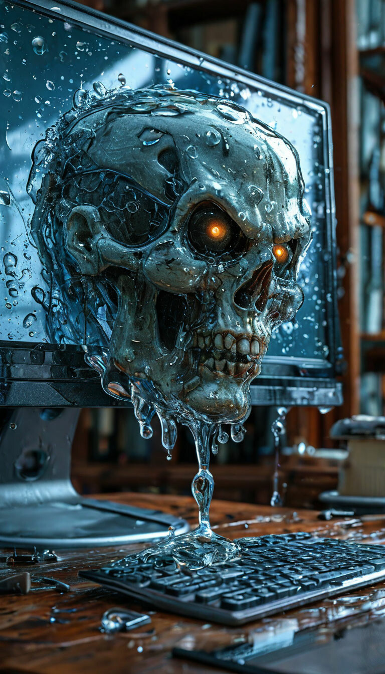 «Glass horror comes out of the computer monitor, flowing glass, drops ...