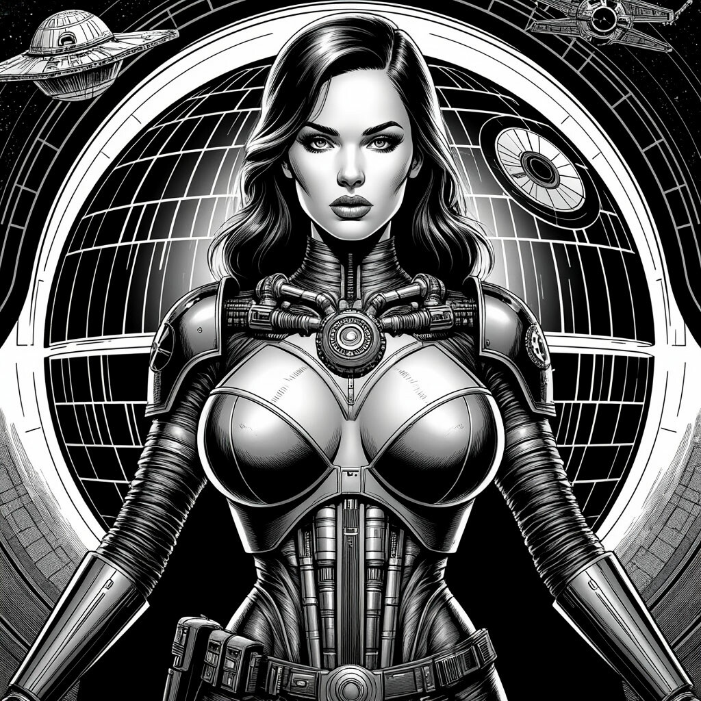 "Star Wars B/W graphics comics Absoluterotic Steampunk Buxom bimbo-Jedi mechanized body art on ...