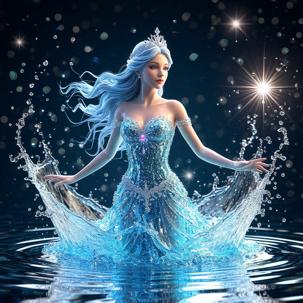 "The water princess stands on the water, mirrored surface, diamond ...