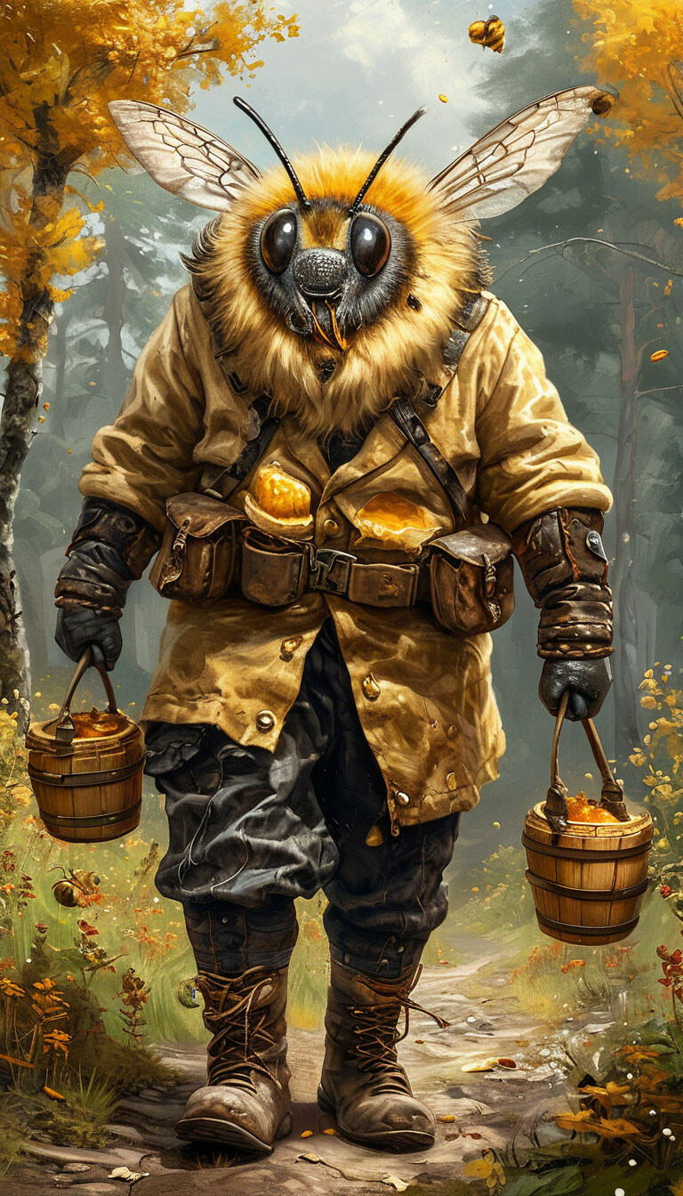 "A fat, fat bee in birch bark bast shoes, carries a YOKE on its ...