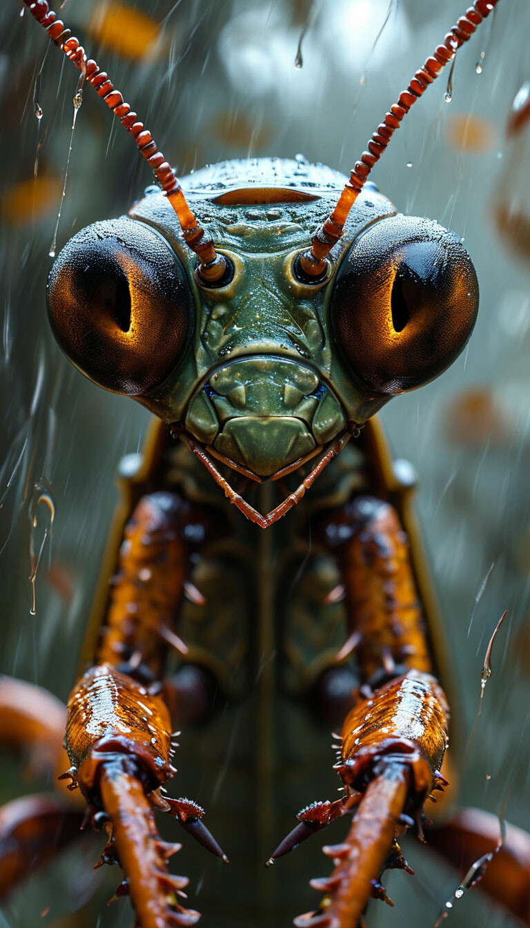 "Creepy, tiger mantis symbiosis with big eyes and fangs, pop-eyed cross ...
